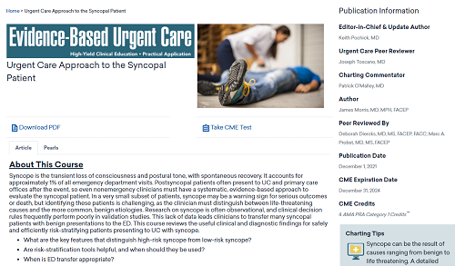 Urgent Care Approach to the Syncopal Patient | Clinical Pathway